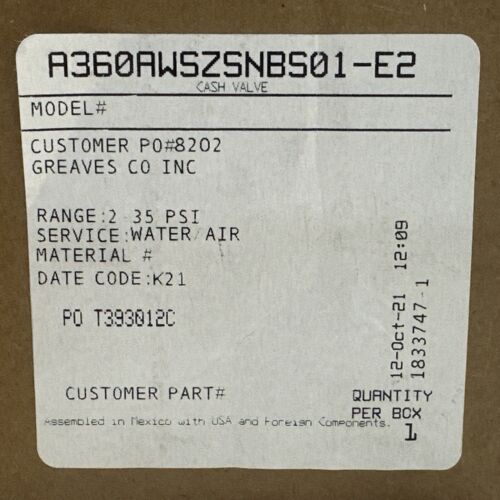 BRAND NEW- Emerson / Cash Valve A360AWSZSNBS01-E2 1/4” 400PSI Max, 2 ...